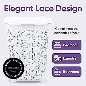 Superio Laundry Hamper with Lid White, 50 Liter Large Lace Hamper Basket, Dirty Cloths Storage with Cutout Handles, for Landry Room, Bedroom, and Bathroom