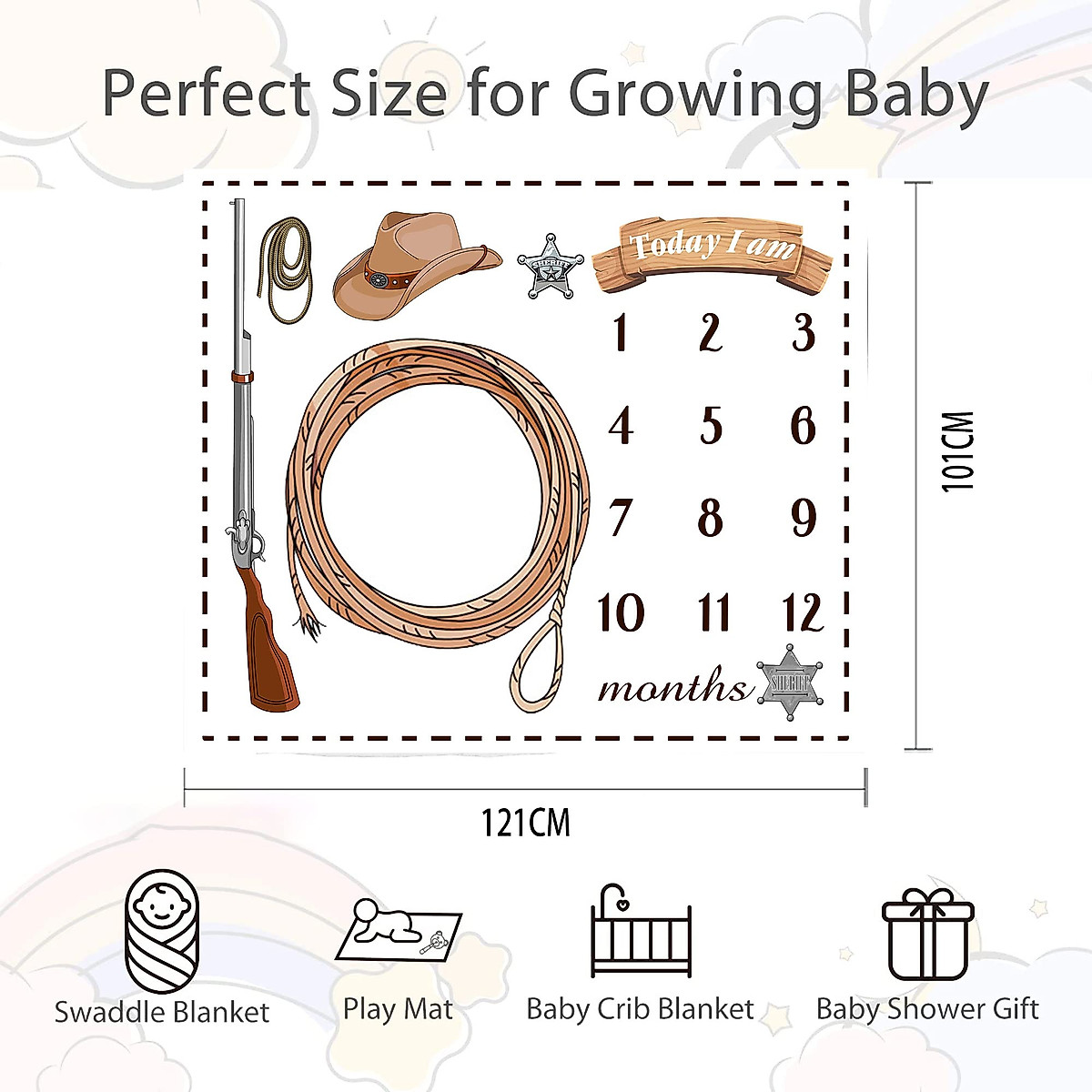 Cowboy Theme Baby Monthly Milestone Blanket, 48x40in Soft Flannel, Gun Rope Backgrounds, Newborn Mom Gifts, Baby Shower Age Growth Tracker with Bonus Maker BTZSSS23