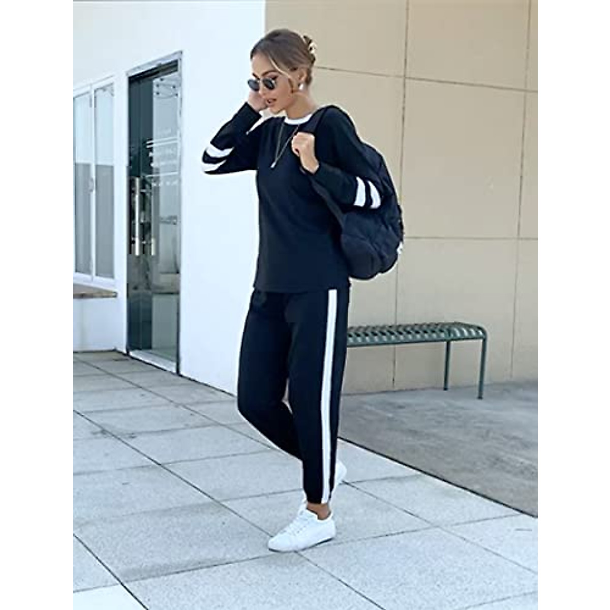 Aloodor Womens Loungewear Set Fall Tracksuit Elasticized Waistband Pants Workout Sets Black L