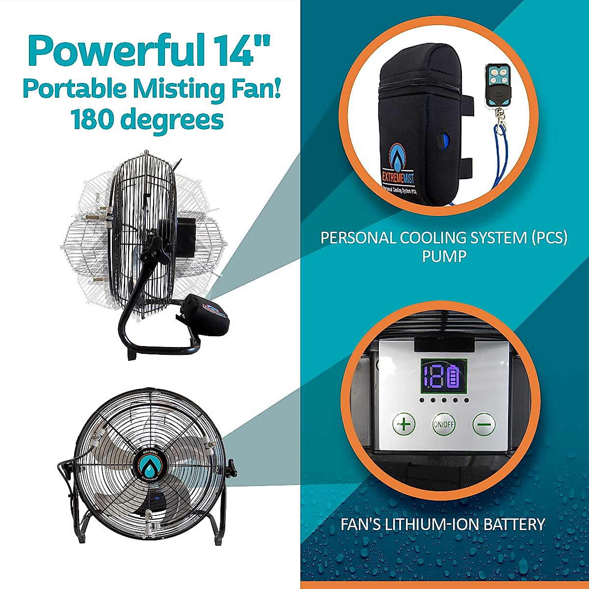 EXTREMEMIST 14” Misting Fan – 3 Mister Nozzles, 20W Solar Panel | Detachable Pump with 16ft. Misting Line | Perfect for Outdoors, Camping, Tailgating