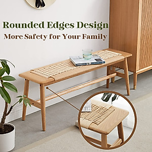Hymus 32" L 100% FAS Oak Wooden Bench Indoor - Solid Wood Rope Woven Entryway Bench, Dining Bench, Boho Furniture for Entryway, Dining Room, Bedroom, Kitchen (Natural)