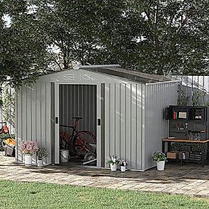 Outsunny 9' x 6' Metal Storage Shed, Garden Tool House with Floor Foundation, Double Sliding Doors, 4 Air Vents for Backyard, Patio, Lawn, Silver