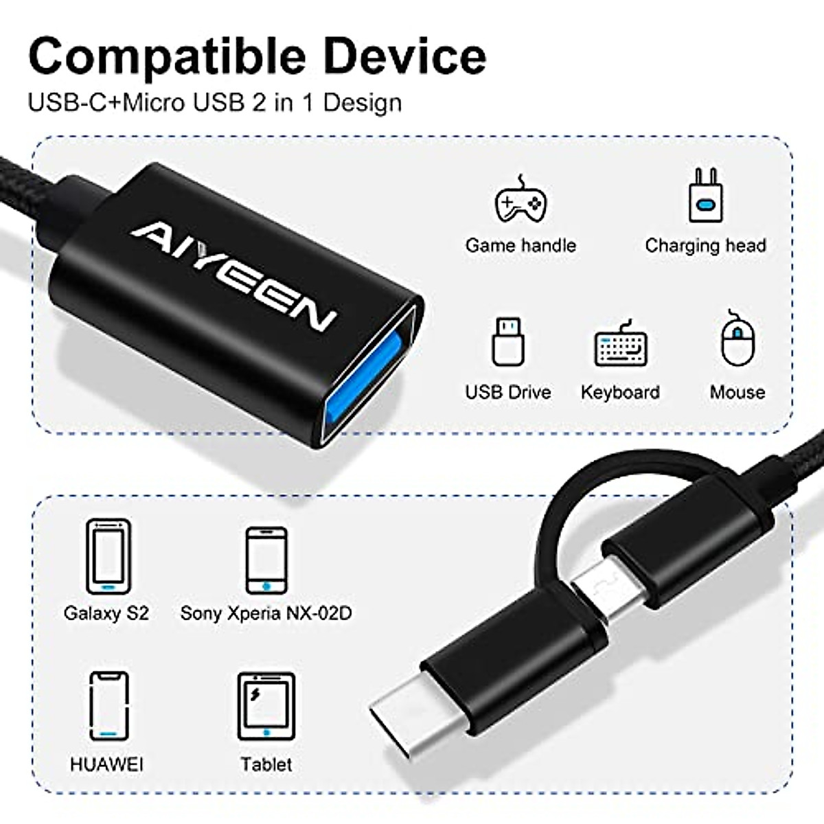 AIYEEN USB-C/Micro to USB Adapter, 2-in-1 USB 3.0, OTG Adapter Cable, Compatible with MacBook Pro, Android, Google, Samsung, and More, Black