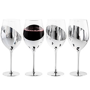 MyGift Modern Silver Long Stemmed Wine Glasses for White or Red Wine with Elegant Angled Design, Set of 4
