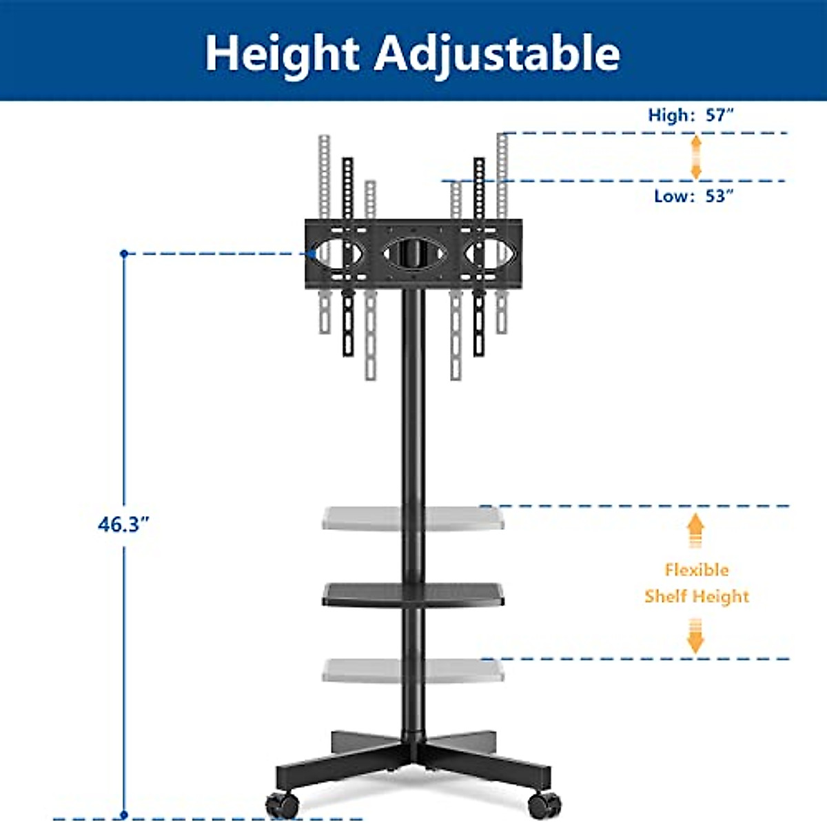 Rfiver Universal Mobile TV Cart for 23-60 inch Flat Screen TVs up to 88lbs, Portable Rolling TV Stand with Mount and Locking Wheels, Black Floor/Outdoor TV Stand with Shelf, Max VESA 400x400mm