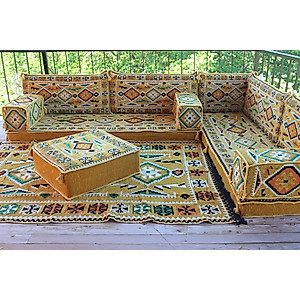 Yellow L Shaped Corner Floor Couch, Interior Design, Outdoor Patio Furniture, Floor Cushions, Bench Cushions, Floor Pillows, Arabic Majlis (L Sofa Full Set)