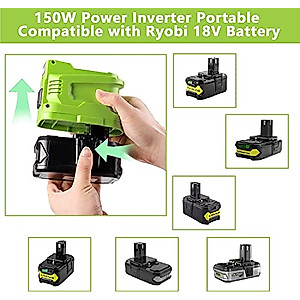 Portable Power Supply Inverter for Ryobi 18V Lithium Battery, TEPULAS DC 18V to AC 120V Power Inverter Generator 150W, Power Source USB Phone Charger Adapter for Ryobi with AC Outlet & LED Light