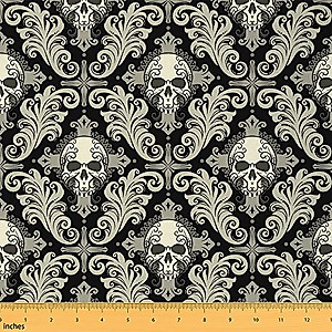 Sugar Skull Fabric by The Yard, Halloween Upholstery Fabric, Religious Boho Floral Decorative Fabric, Gothic Horror Indoor Outdoor Fabric, Abstract Flowers Waterproof Fabric, Black Grey, 3 Yards