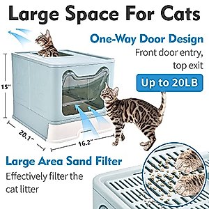 Homagico Foldable Cat Litter Box, Extra Large Front Entry Top Exit Litter Box with Lid, Drawer Type Enclosed Kitty Litter Box with Litter Scoop, Anti-Splashing Cat Toilet Easy Cleaning （Blue）