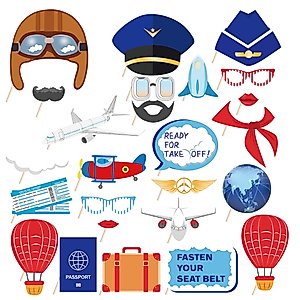 25Pcs Aviator Photo Booth Props DIY Kit Funny Pilot Airplane Flight Captain Hot Air Balloon Selfie Props Accessories Birthday Baby Shower Party Supplies Decorations Favors with Stickers (25)