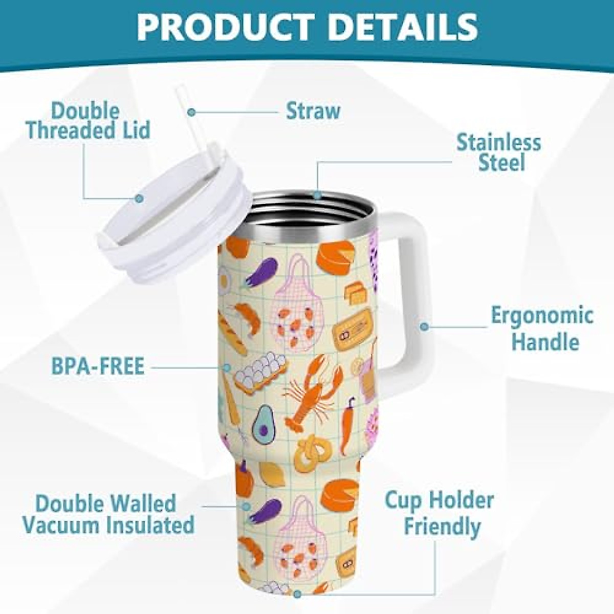 Slewiaeky Tumbler with Handle 40 oz Cute Lobster Shrimp Travel Mug with Lid and Straw Crayfish Stainless Steel Vacuum Insulated Water Bottle Cup for Iced Tea Coffee Cold Beverages Cup Holder Friendly