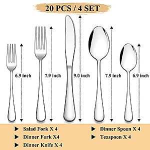 Wildone 20-Piece Silverware Set, Stainless Steel Flatware Cutlery Set Service for 4, Tableware Eating Utensils Include Knife/Fork/Spoon, Mirror Polished, Dishwasher Safe