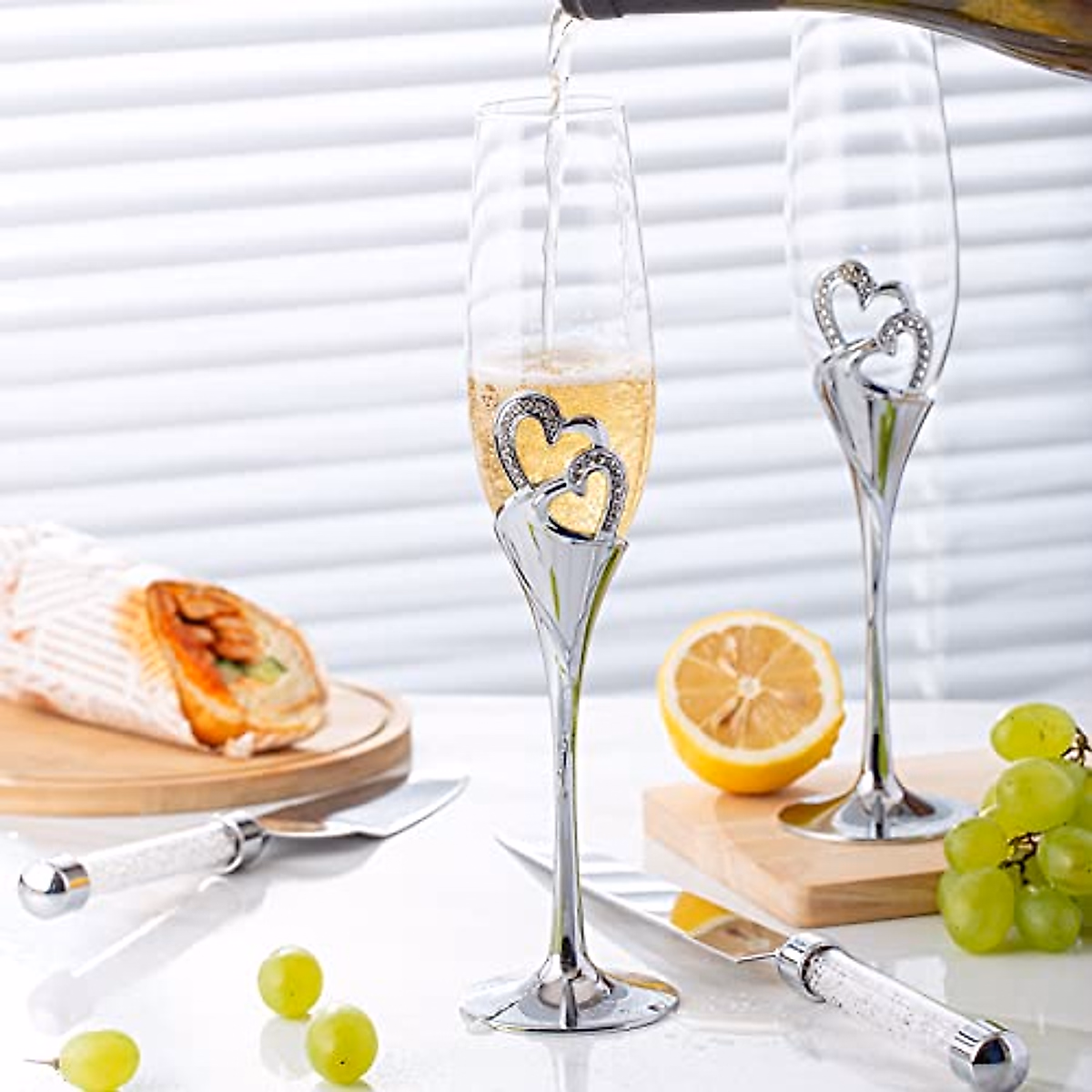 VARLKA Wedding Champagne Flutes and Cake Knife Server Set Wedding Gifts Toasting Glasses with Rhinestone Rimmed Hearts Decoration for Couple Bride and Groom, Cake Cutting Set of 4 for Wedding