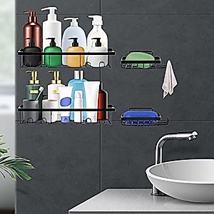 Oudvaker 4 Pack Shower Caddy Shelf Organizer Rack with Shower Soap Holder Wall Self Adhesive Suction Bathroom Set Decor Organization Shelves Kitchen Storage Spice Rack, Black