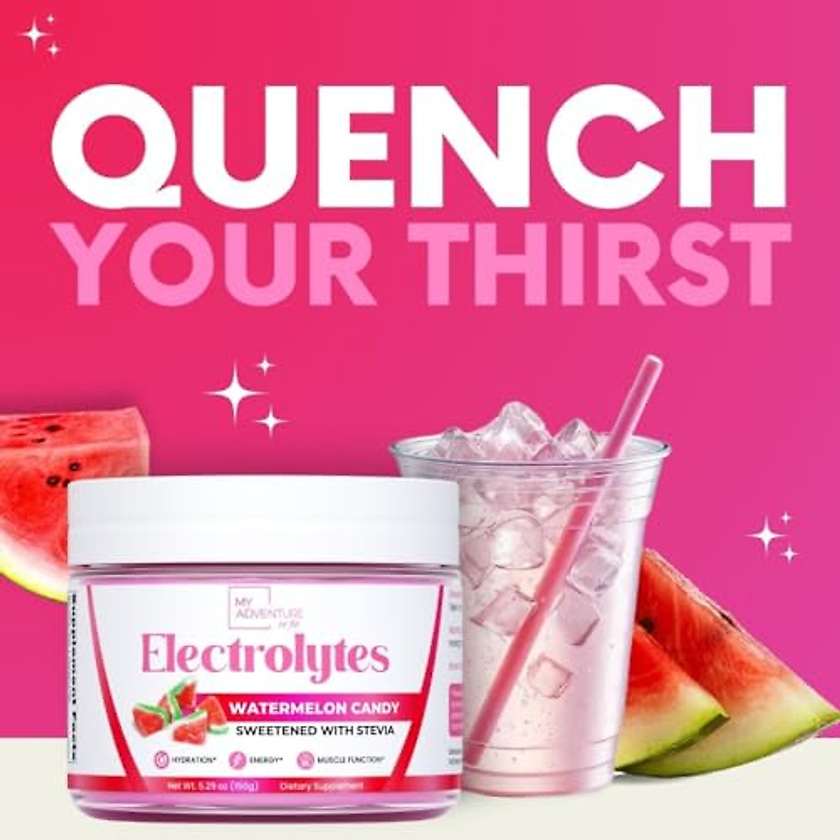 Zero Sugar - Watermelon Candy Electrolytes Powder - Refreshing Hydration - Caffeine Free Energy with All Natural Ingredients - Vegan, Keto and Paleo - Sugar Free Electrolytes Drink Mix - 30 Servings