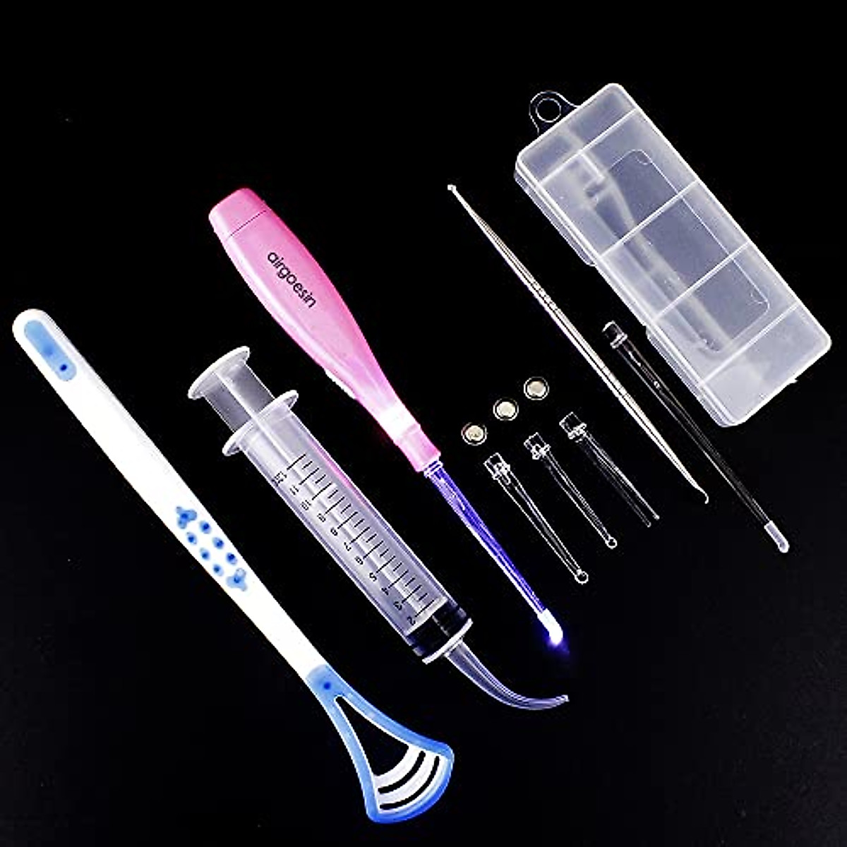 Airgoesin Professional Tonsil Stone Remover Tool LED Light (Pink) | Stainless Steel Tonsillolith Pick Oral Care | Irrigation Syringe | Tongue Cleaner Scraper