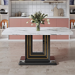 63" Modern MDF Dining Table for 6-8, Large Rectangular Dining Room Table with U-Shaped Bracket and MDF Base, Minimalist Kitchen Table for Restaurant, Meeting Room, Marble-Inspired MDF Desktop(White)