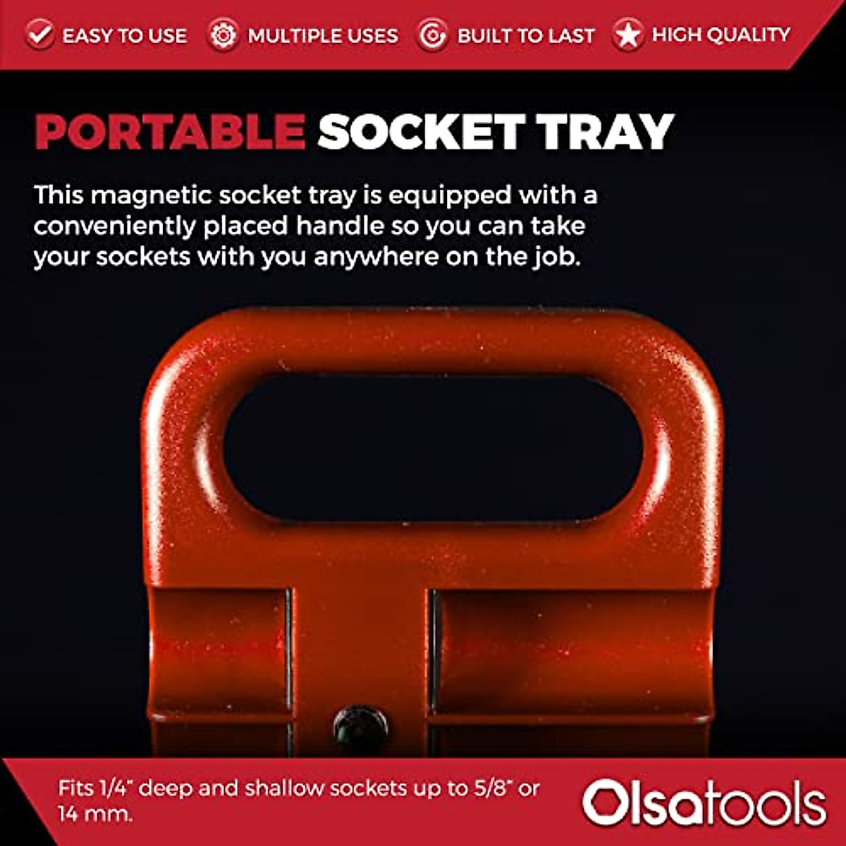 Magnetic Portable Socket Organizer Tray | 1/4-inch Drive | Red | for Deep & Shallow Sockets | Holds sockets up to 5/8" or 14 mm | Professional Quality Tool Organizer | by Olsa Tools