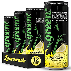 Green Lemonade - No added Sugar, 6% Real Lemon Juice, 10 Calories per can, Naturally Sweetened with 100% Stevia Leaf Extract, Carbonated Soda, 12 Fl Oz each can - Pack of 12