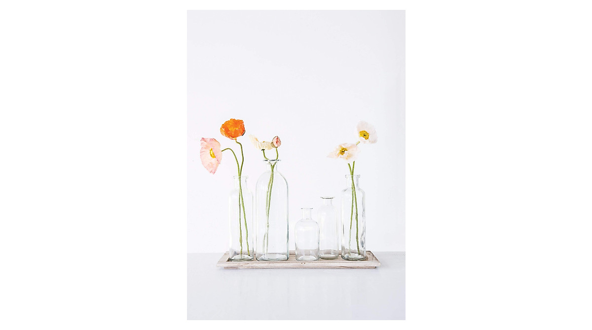 Vintage Bottle Vases Set on Wood Tray by Creative Co-Op