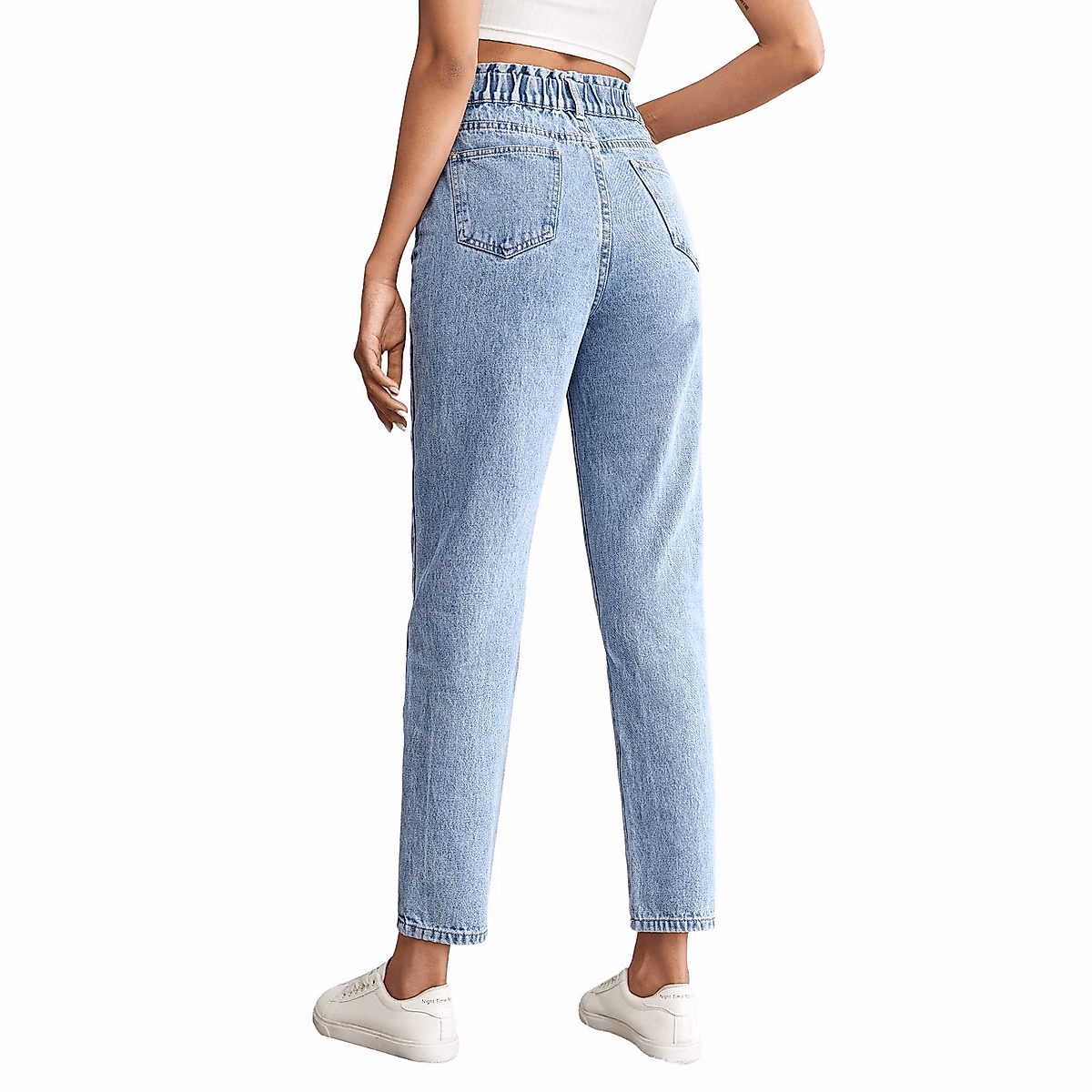 SweatyRocks Women's Casual High Elastic Waist Tapered Mom Jeans Cropped Denim Pants Light Wash Tall M