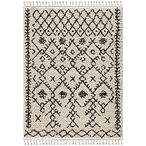 Hauteloom Berber Shag - Godalming Farmhouse Living Room Bedroom Area Rug with Tassel - Fluffy Plush High Pile Carpet - Soft Shaggy Rug, Moroccan Trellis - White, Beige, Cream, Black - 5'3" x 7'3"