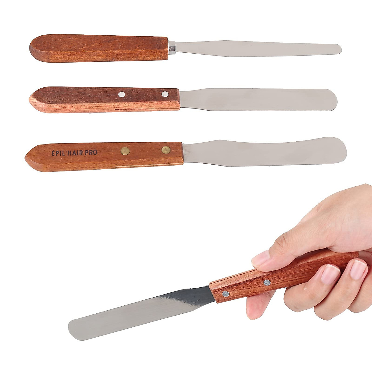 V+trys 3 PCS Stainless Steel Wax Spatulas, Straight Metal Spatulas Applicator Sticks, Reusable Wax Spatulas Applicator Body Waxing Sticks with Wooden Handle for Body Hair Eyebrow Removal