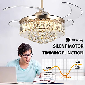 Panghuhu88 36" Invisible Ceiling Fan Chandelier Light,Modern Crystal Ceiling Fan Light Remote Control 4 Retractable ABS Blades for Bedroom Living Room Dining Room Decoration (Gold)