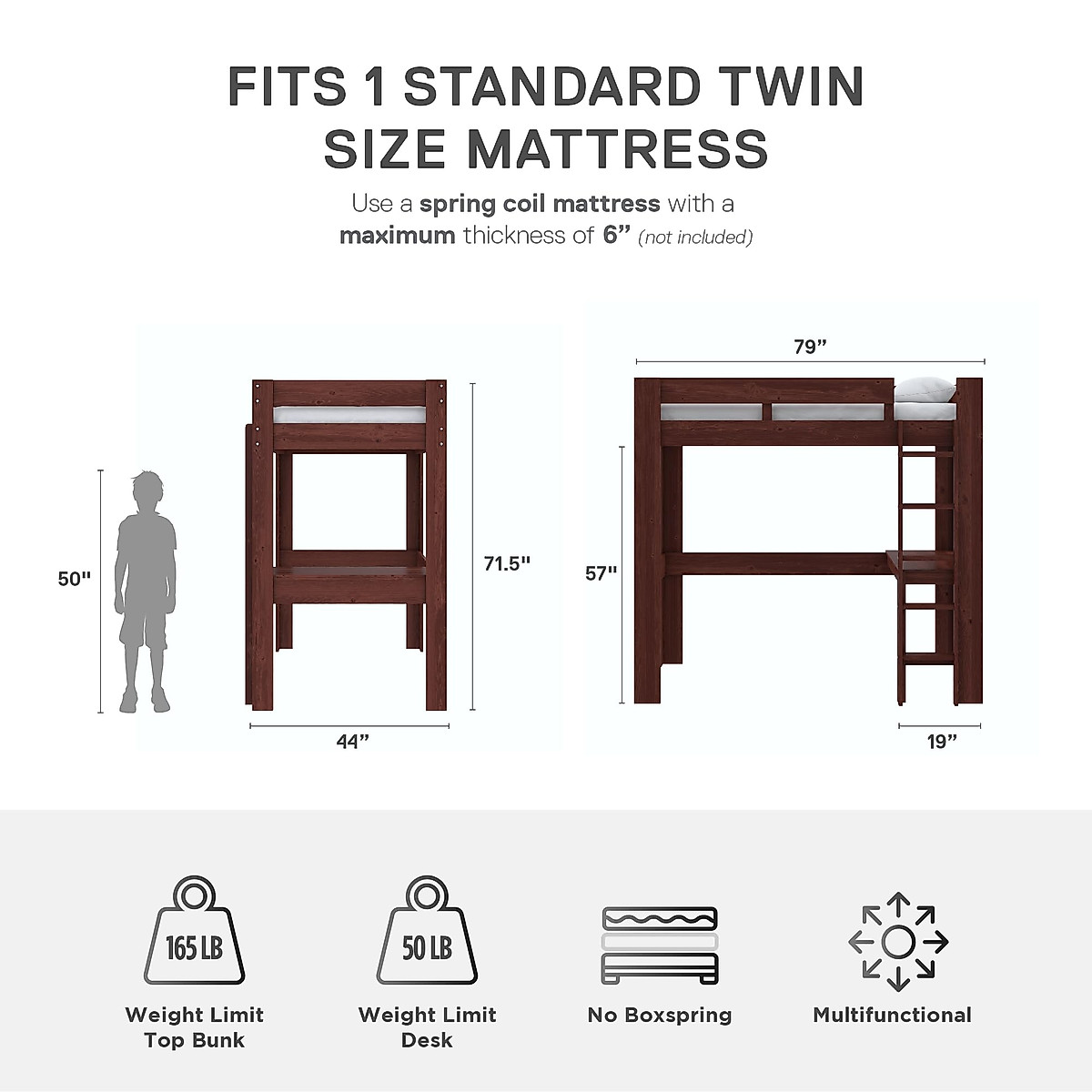 DHP Jaymee Kids Wood Loft Bed with Desk, Twin, Nutmeg
