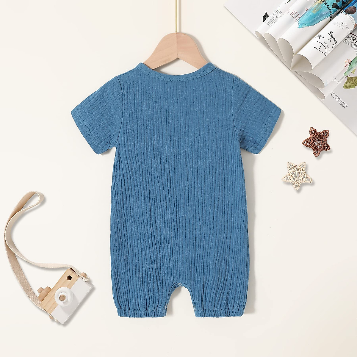 Happy Town Infant Baby Girl Boy Jumpsuit Cotton Linen Romper Short Sleeve One-Piece Bodysuit Infant Summer Clothes Outfits (Blue, 6-12 Months)