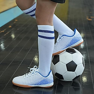 Hawkwell Unisex-Child Athletic Lace Up Boys Girls Indoor Trainer Soccer Shoe (Toddler/Little Kid/Big Kid), White PU, 2 M US