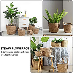 Cabilock Seagrass Plant Basket Hand Woven Belly Basket Bin Straw Beach Bag Panier with Handles for Laundry Picnic Plant Pot Cover Flower Home Toys Decor 25CM Khaki