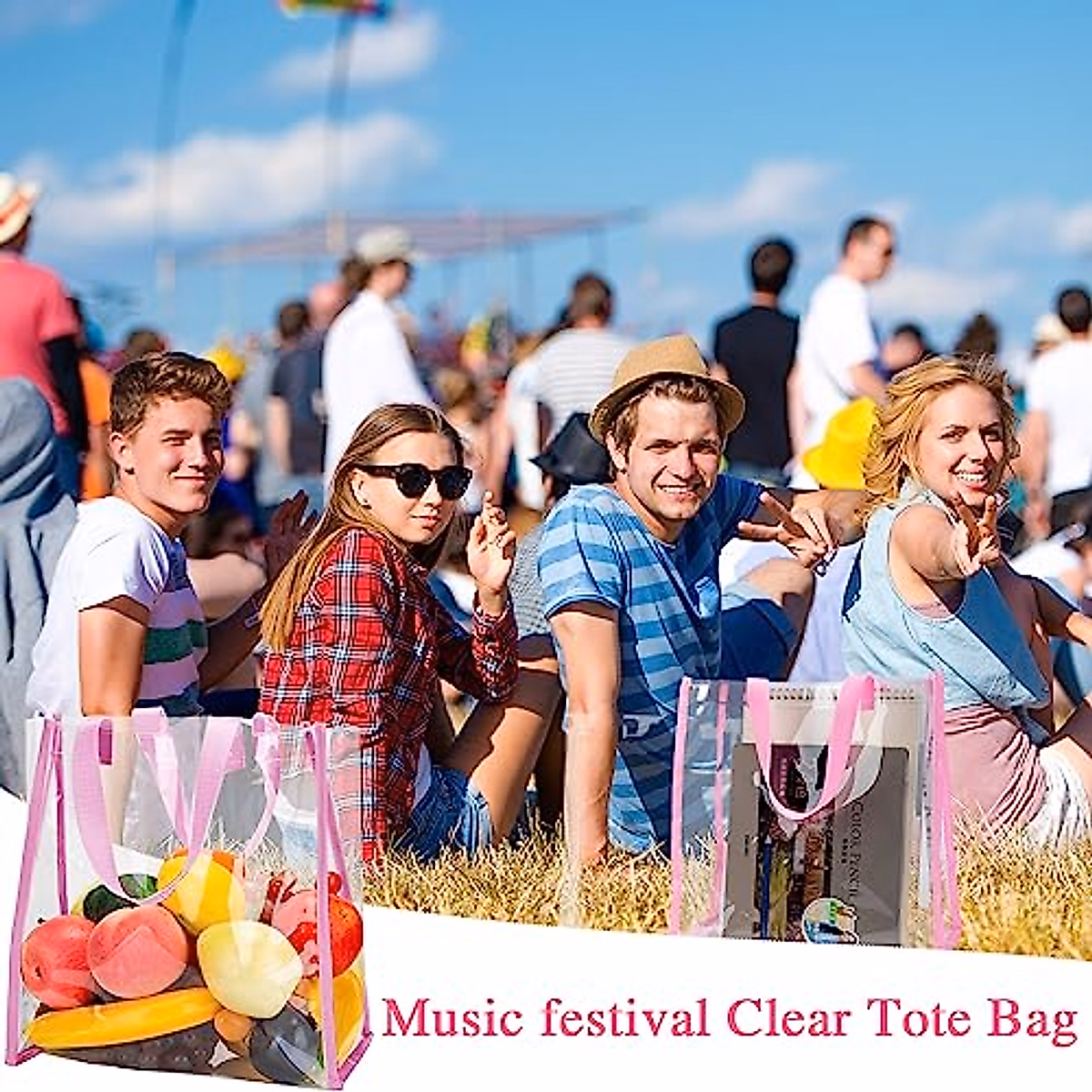 Paterr 20 Pack Plastic Clear Tote Bags 10 x 10 x 4 Inch Stadium Approved Gift Bag with Handles for Women Sports Work Travel (Pink)