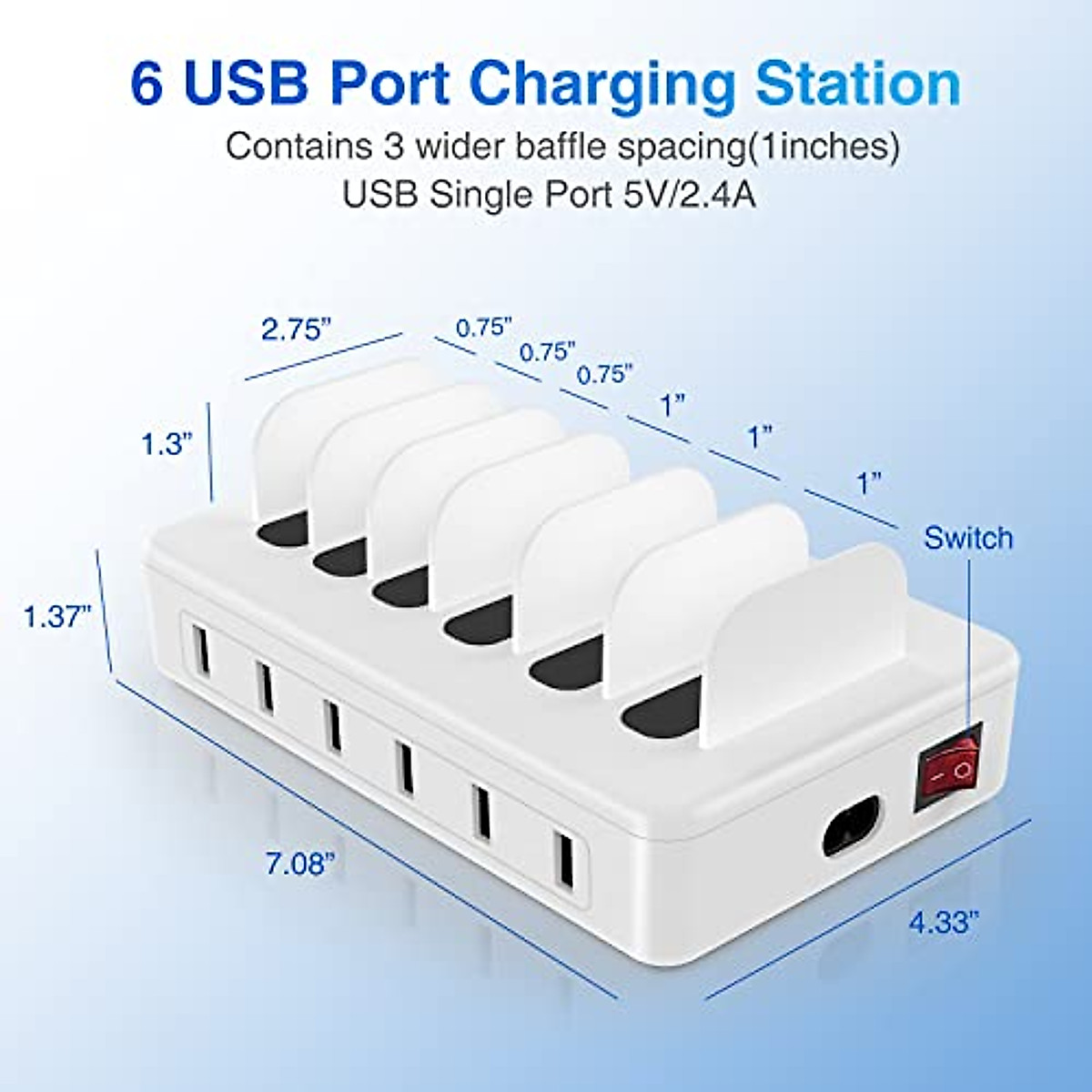 ZXSWONLY Charging Station for Multiple Devices, 50W 6 Ports USB Charging Station Organizer with 6 Cables Compatible with Cellphone, Tablet, Kindle, and Other Electronic (White)