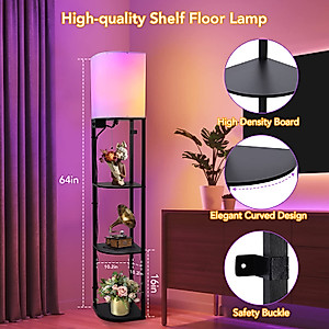 LUNSY Floor Lamp with Shelves, Smart RGB Shelf Floor Lamp with 2 USB Ports & 1 Power Outlet, Modern Display Floor Lamps with RGB Bulb, Standing Lamp for Living Room, Bedroom and Office - Black