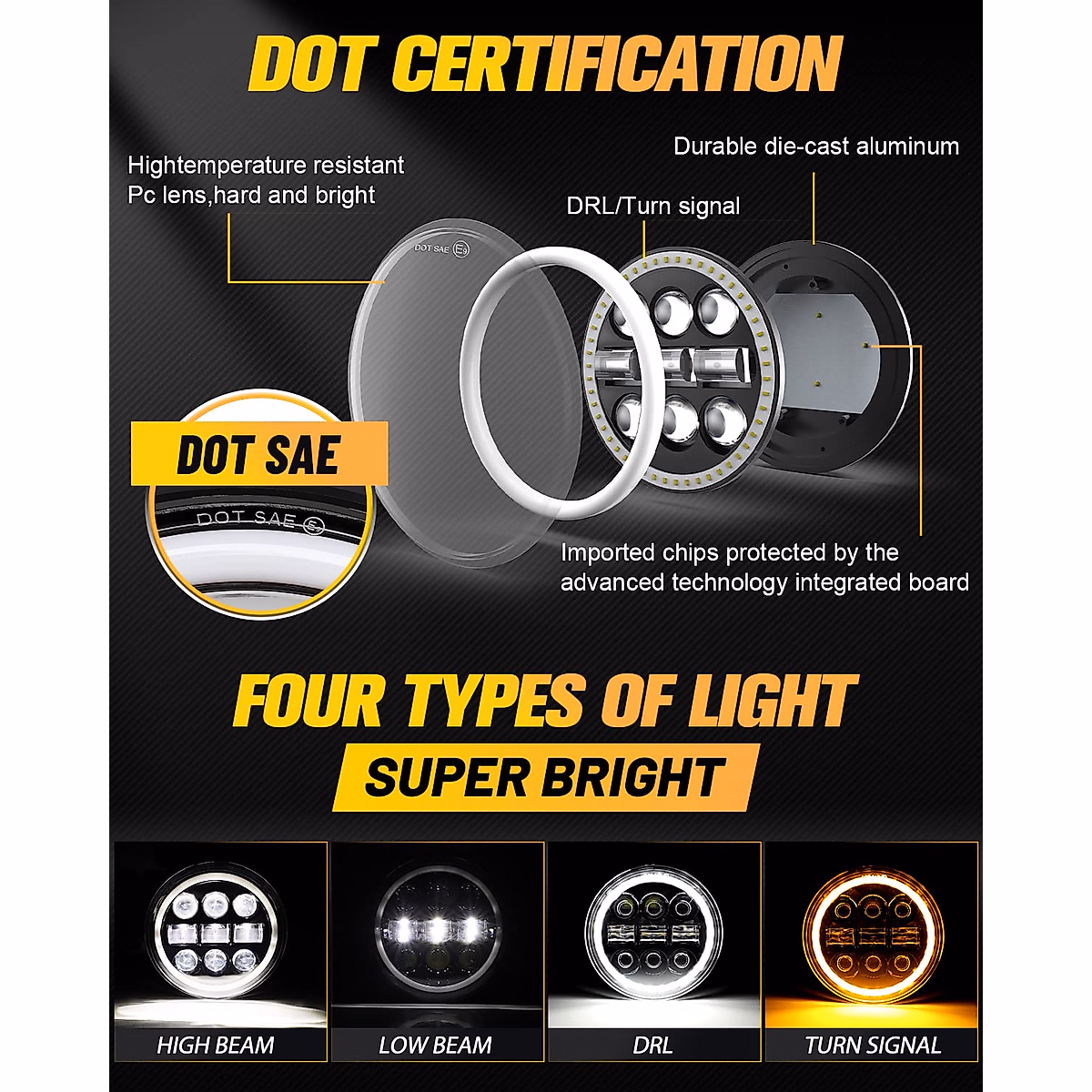 5.75" Motorcycle LED Headlights with Projector Hi/Lo Beam+ Amber/White DRL, Halo Ring, 5 3/4 Inch LED Sealed Beam Round Lights DOT Approved(2PCS)