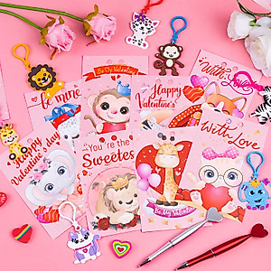 64 Valentines Day Cards with Animal Key Chains, Valentines Exchange Gifts Pendant Greeting Cards for Kids Teacher Prizes Activity Farmland Classroom Party Favors Decorations