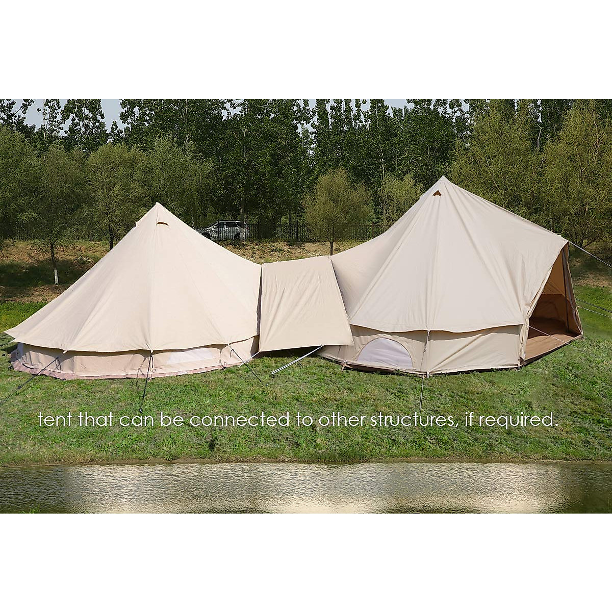 UNSTRENGH Large Beige Luxury 4-Season Camping Cotton Canvas Bell Tent Double Doors Camping Hunting Tent with Stove Jack Hole, Cable Hole