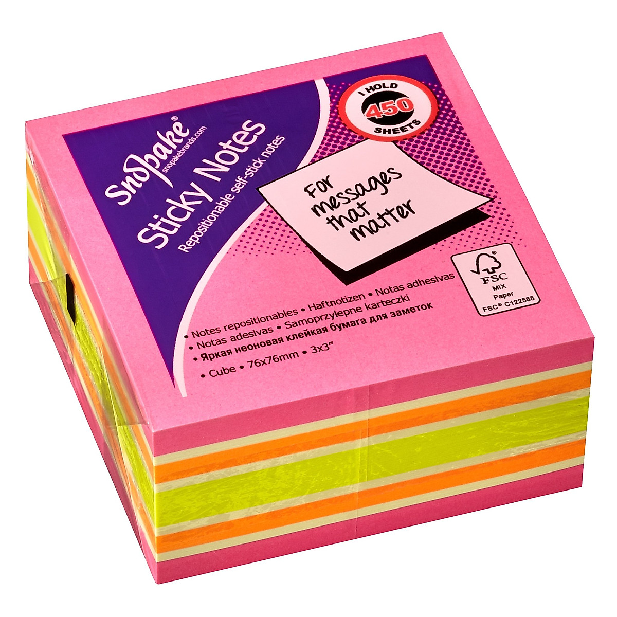 Snopake 76 x 76 mm Pink Rainbow NeonMix Sticky Notes [Cube of 450 Sheets] 15759