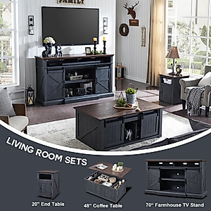 IFGET Farmhouse End Table with Charging Station, 20" Nightstand w/Groove Barn Door, Rustic Wood Bedside Table, Side Table with Storage w/Open & Adjustable Shelf for Bedroom, Living Room (Dark Grey)