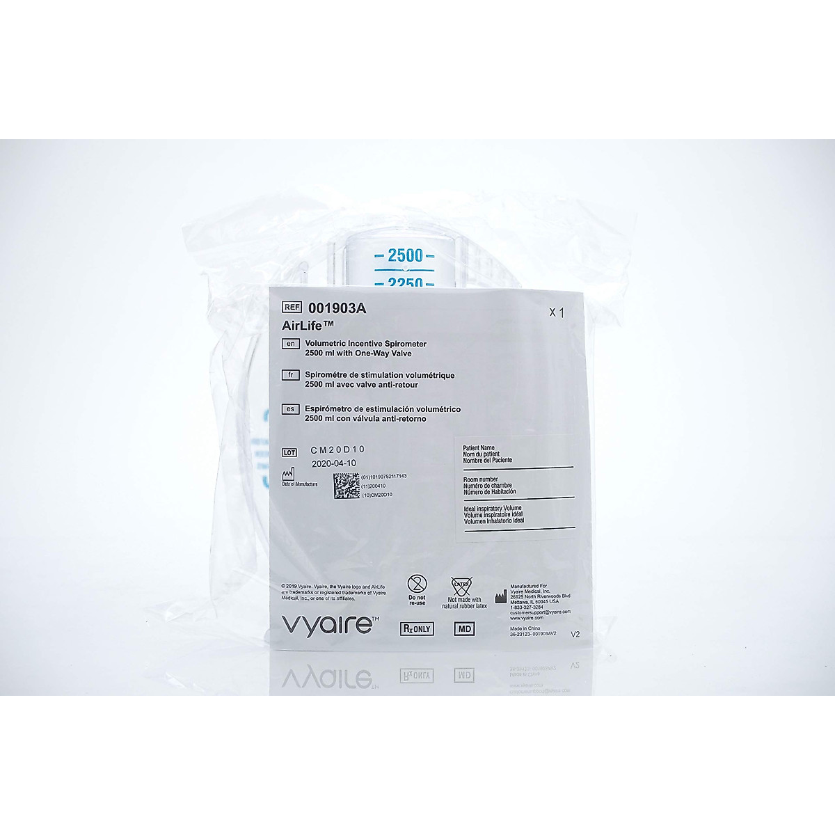 Vyaire Medical 1903A AirLife Volumetric Incentive Spirometers with One-Way Valve, 2500 mL, Pack of 12