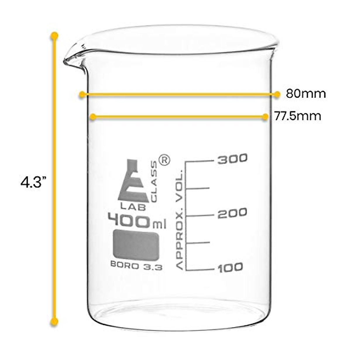EISCO Beaker, 400ml - Low Form with Spout - White, 50ml Graduations - Borosilicate 3.3 Glass