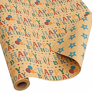 BOLIANNE Kraft Birthday Wrapping Paper Roll for Boys Girls Kids Men Women - Reversible Happy Birthday Gift Wrap Paper Roll for Holiday Party - 1 Gift Wrapping Paper Roll, 17.2 Inch X 33 Feet