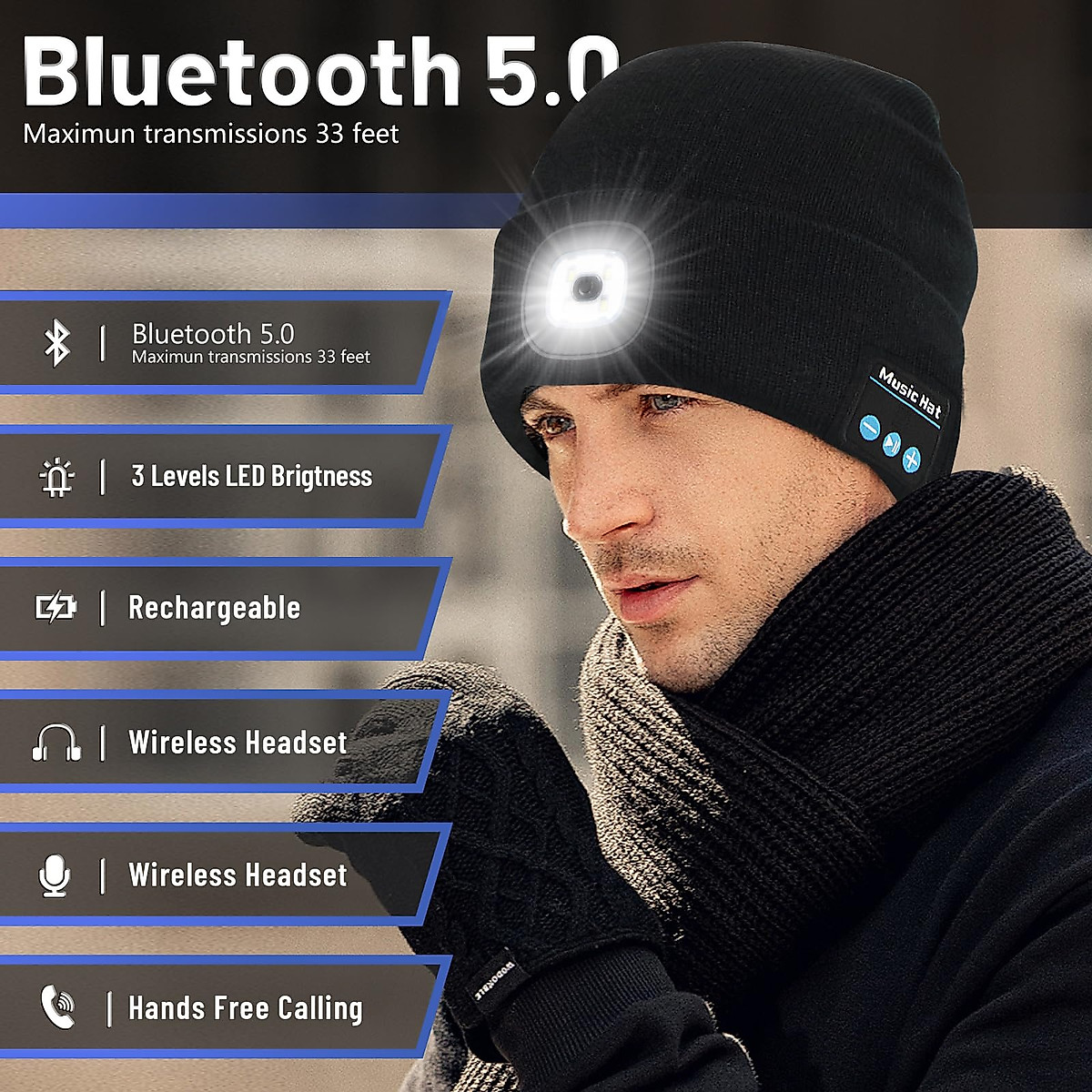 Keains Bluetooth Beanie with Light, Musical Knit Hat with Headphones and Built-in Speaker Mic, Gifts for Men Women Dad Pink