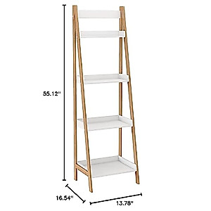 Ladder Shelf, Plant Shelf, Display Shelf, Storage Shelf, Living Room Decor and Accessories, Bamboo Bookshelf, 4 Tier Shelf for Living Room, Bedroom, Kitchen, Rust Resistance, Easy Assembly, White