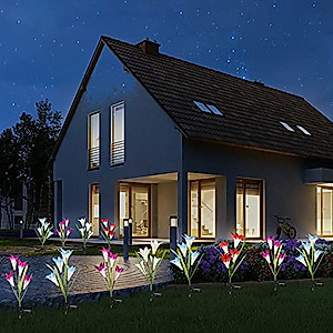 Flacchi 4 Pack Solar Lily Flower Lights with 16 Larger Lily Flower, Color Changing Landscape Lighting Outdoor Waterproof Solar Garden Lights Path Lights for Garden Patio Walkway Pathway