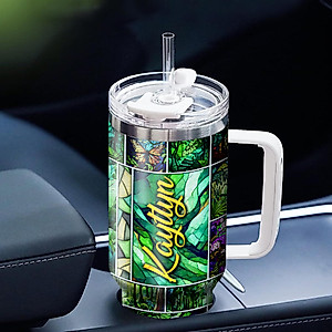 WAZONE Personalized Butterfly 40oz Travel Cup With Lid And Straw Custom Name Vacuum Stained Glass Style Tumblers Stainless Steel Insulated Cup Travel Mug Gift for Girls Woman Mother Coworker