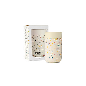 W&P Porter Travel Protective Silicone Sleeve, 16 Ounce Terrazzo Cream, Reusable Cup for Coffee or Tea, Portable Ceramic Mug with BPA-Free Press-Fit Lid, Dishwasher Safe, On-The-Go