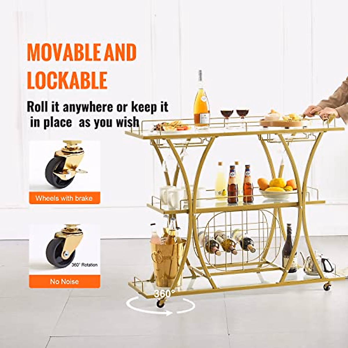 VEVOR Bar Cart Gold, 3 Tiers Home Bar Serving Cart on Lockable Wheels, Rolling Alcohol Cart with Tempered Glass Shelves Guardrail Wine Rack, Modern Wine Cart for Home Kitchen Dining and Living Room