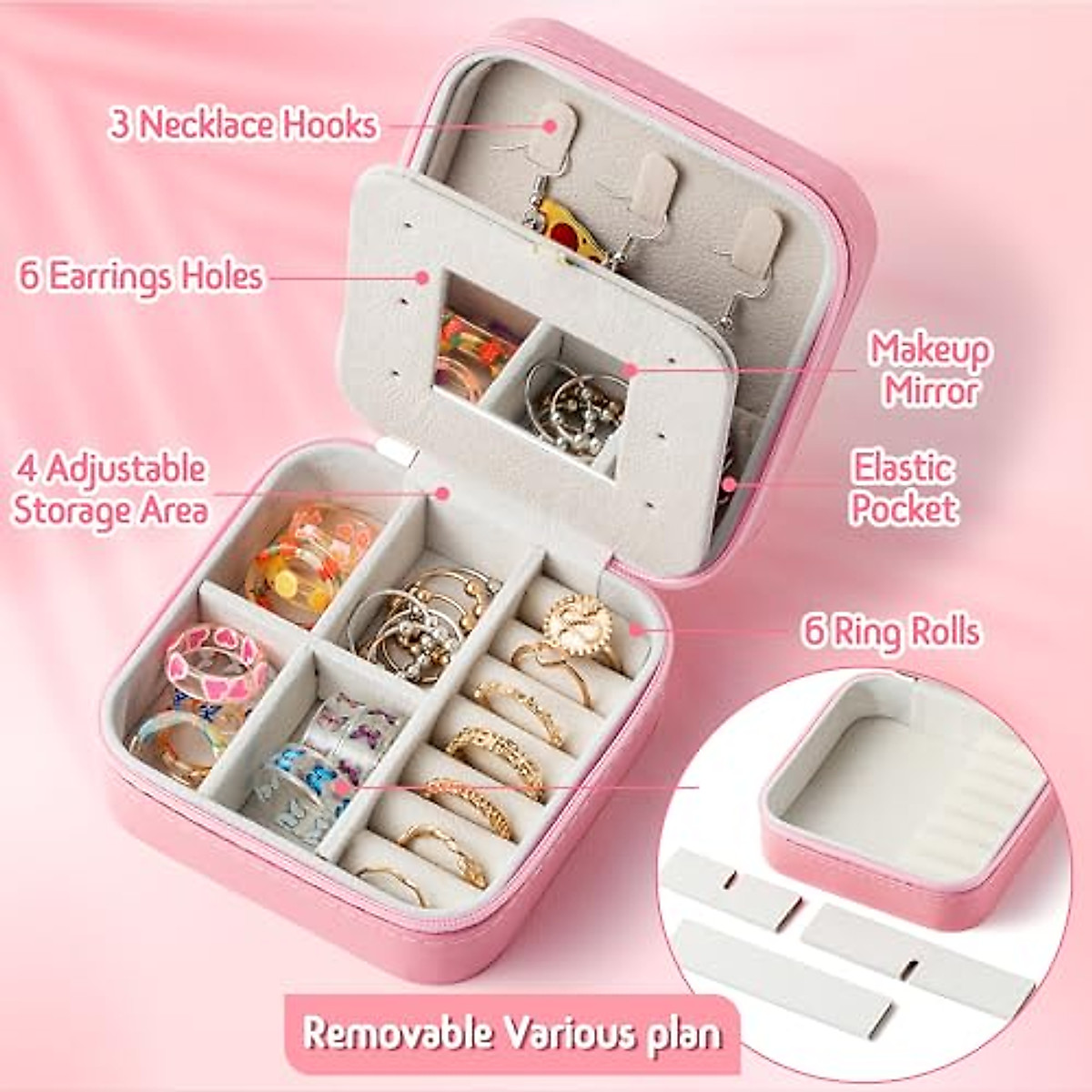 Wood Homing Small Preppy Travel Jewelry Case for Women Mini Jewelry Organizer for Traveling Preppy Travel Jewelry Box for Ring Earring Necklace Bracelet Pendant Gift for Mom Lovers